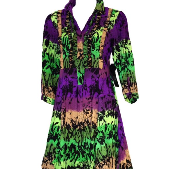 phool | Dresses | Nwt Phool Green Purple Print 34 Sleeve Flare Dress ...